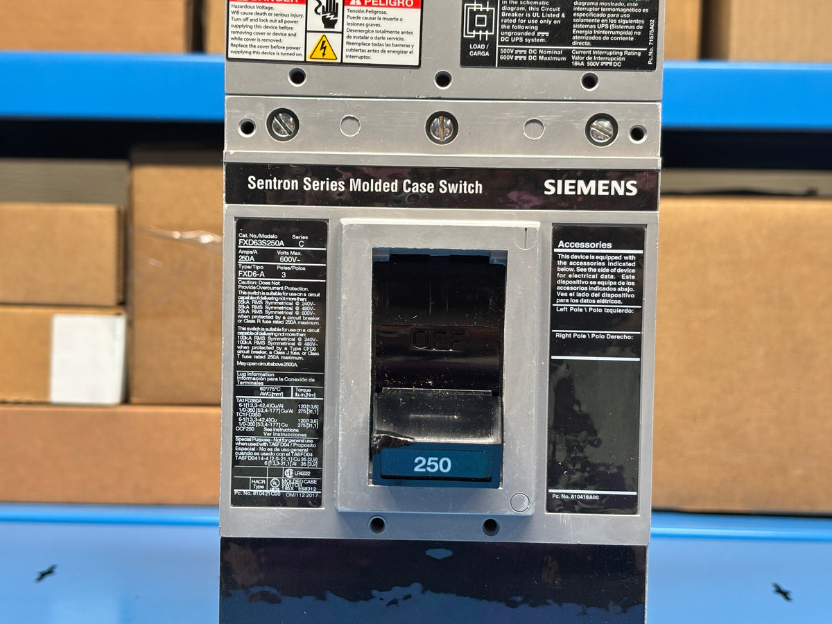Siemens FXD63S250A Sentron MCCB Switch, 3-Pole / 250A / 600V - NEW IN ...