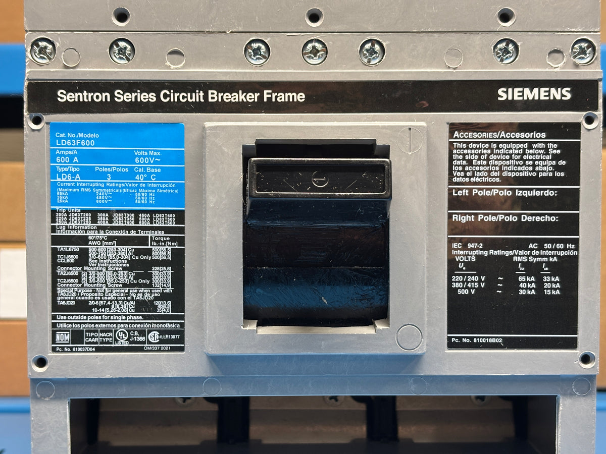 Siemens LD63F600 Sentron MCCB Frame Circuit Breaker 600A / 600V - NEW ...